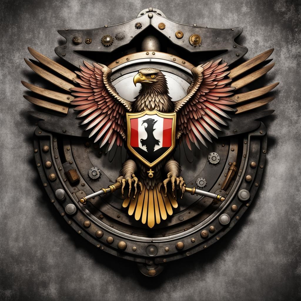 A steampunk shield that represents the black eagle from the German flag ...