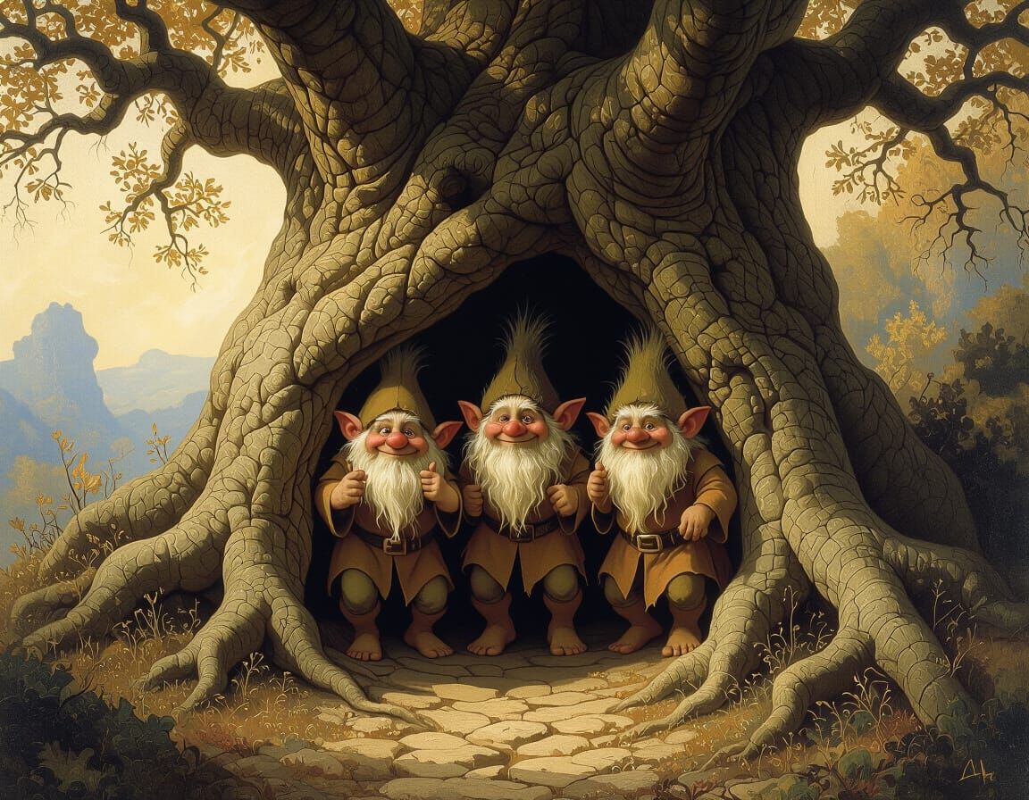 Τhree happy trolls hanging on the branches of a giant tree in front of ...