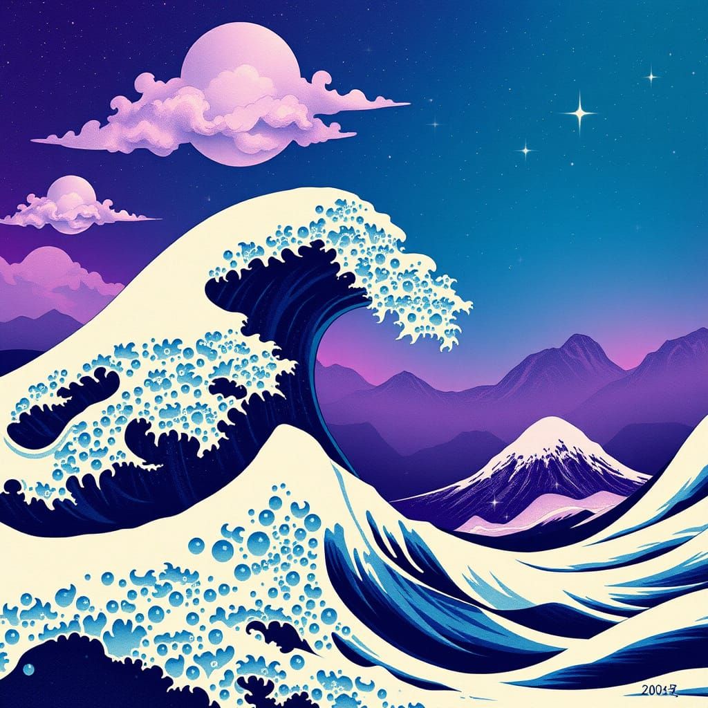 A vibrant, stylized wave painting in the style of Hokusai's "The Great ...