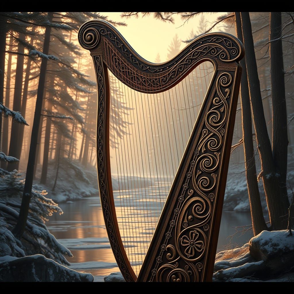 Ancient Celtic Harp in Pine Forest Winter Dawn - AI Art