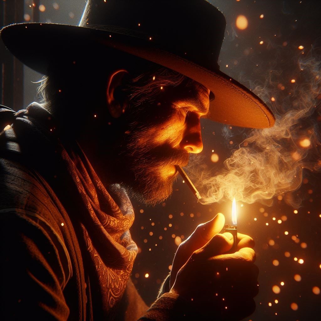 Cowboy lighting up a cigarette - AI Generated Artwork - NightCafe Creator