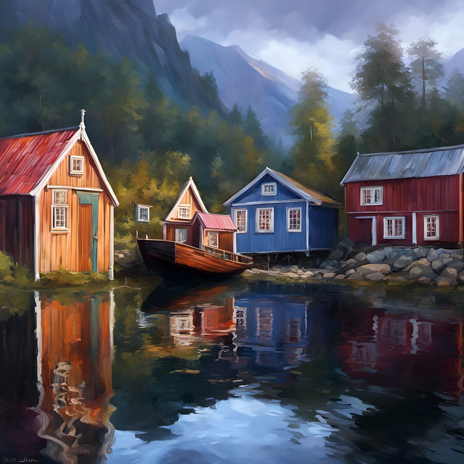Boathouses Torvik Norway; Beautiful Rococo oil painting dark bold ...