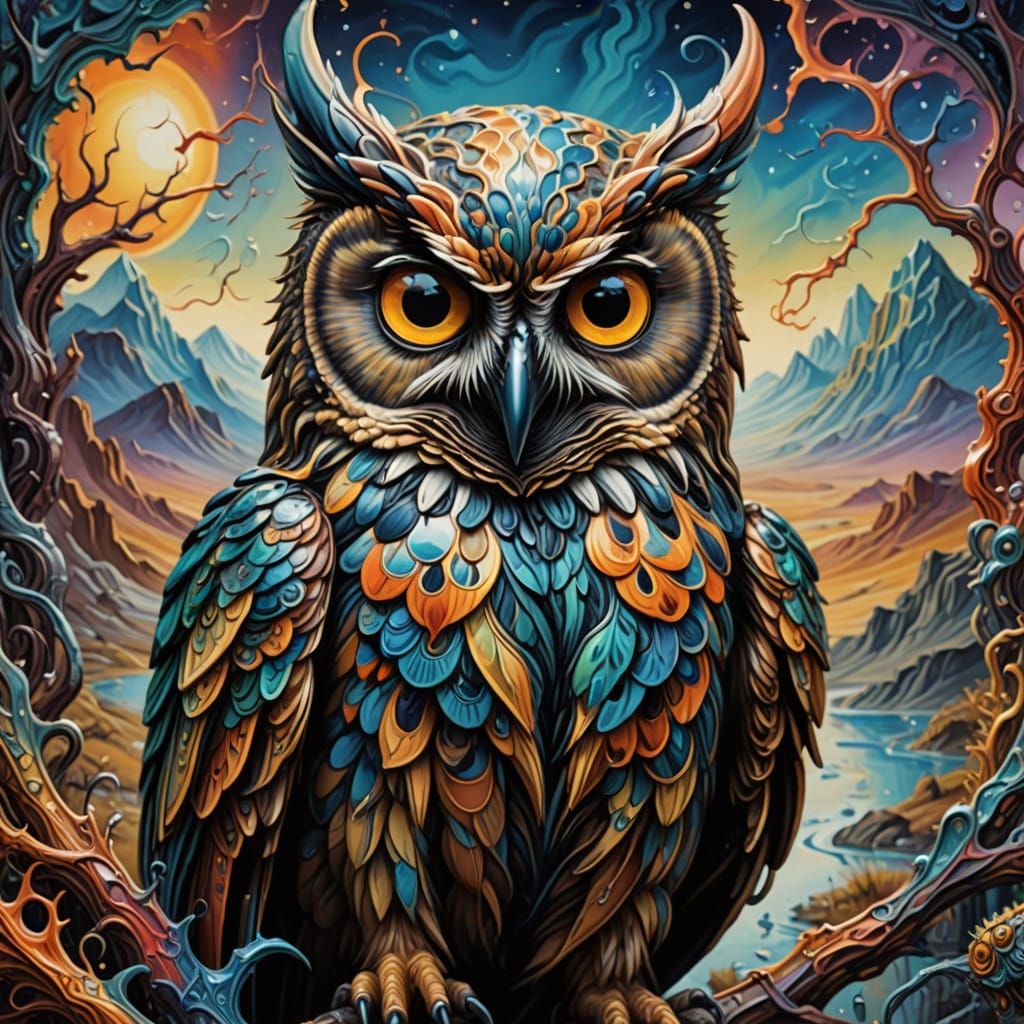 Dreamlike Xenomorph Owl Merges with Vibrant Prisma... - AI Art