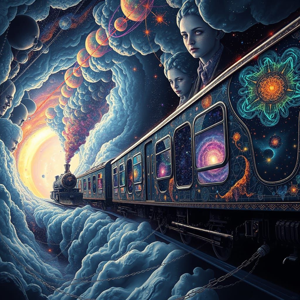 Cosmic Dream Train Erupts from Wormhole in Hyperea... - AI Art