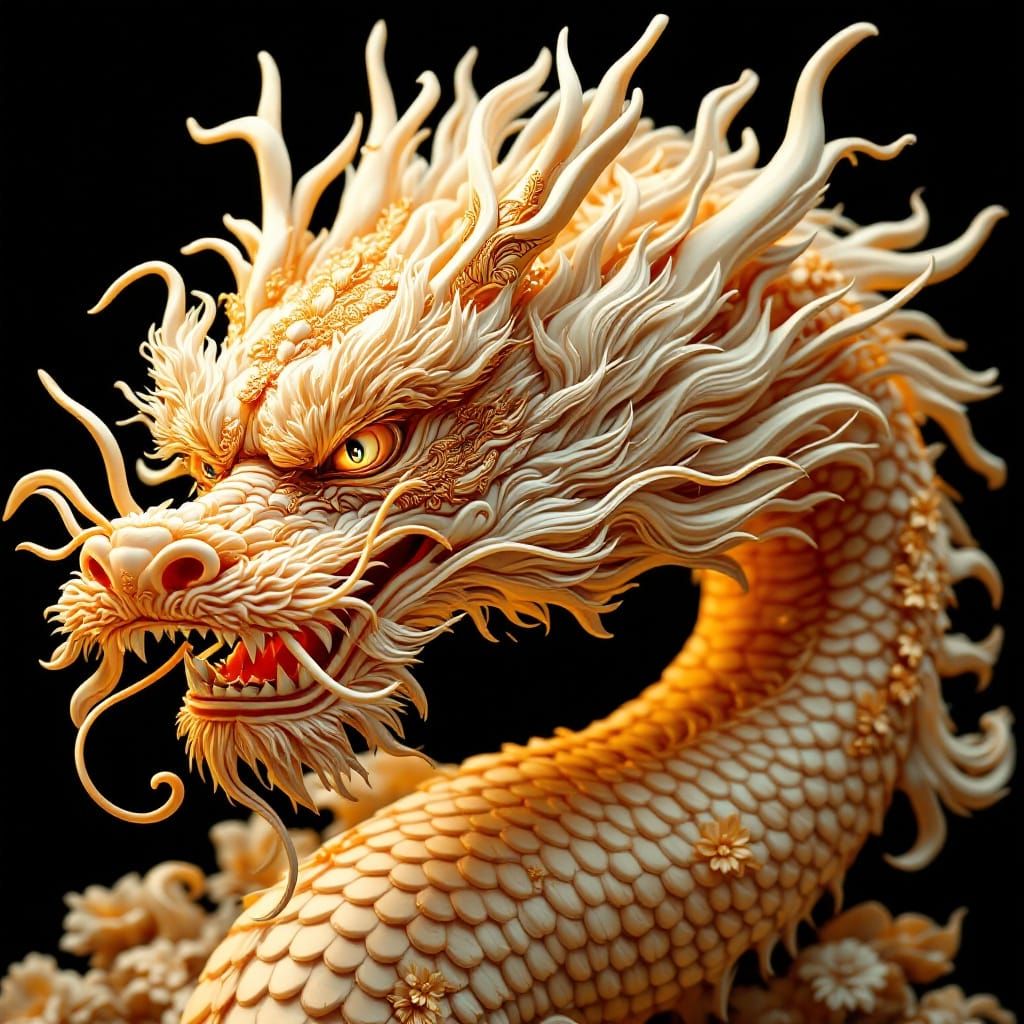 Ornate, sculpted dragon, majestic and detailed. Elaborate, flowing mane ...