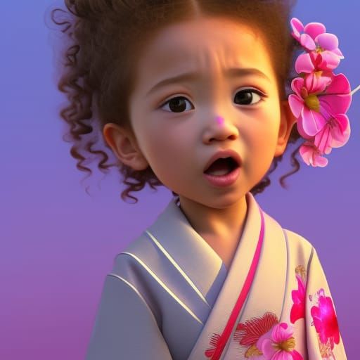 a little cute girl angry with curly hair and kimono with pink flowers ...