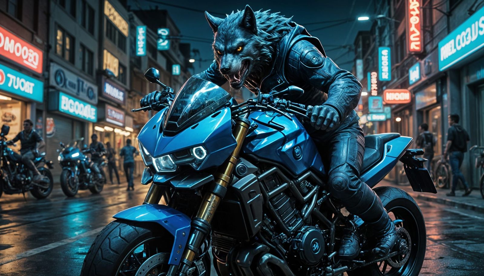 Werewolf on Blue Ducati in Futuristic Cityscape - AI Art
