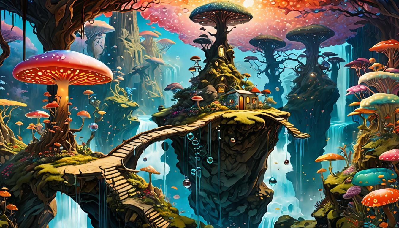 A surrealist dreamscape with floating islands, bioluminescent mushrooms ...