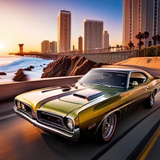 Classic muscle car in Malibu - AI Generated Artwork - NightCafe Creator