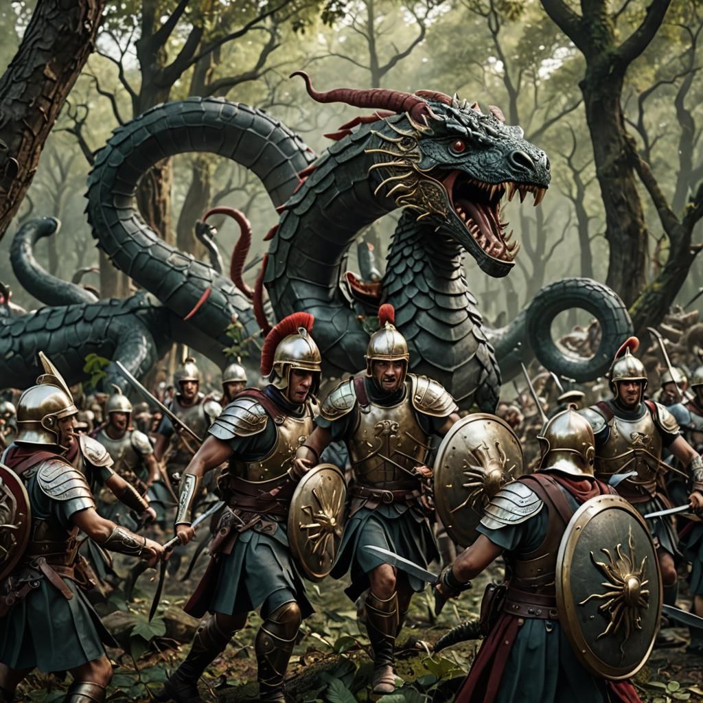 Roman soldiers fighting a hydra in an enchanted forest - AI Generated ...