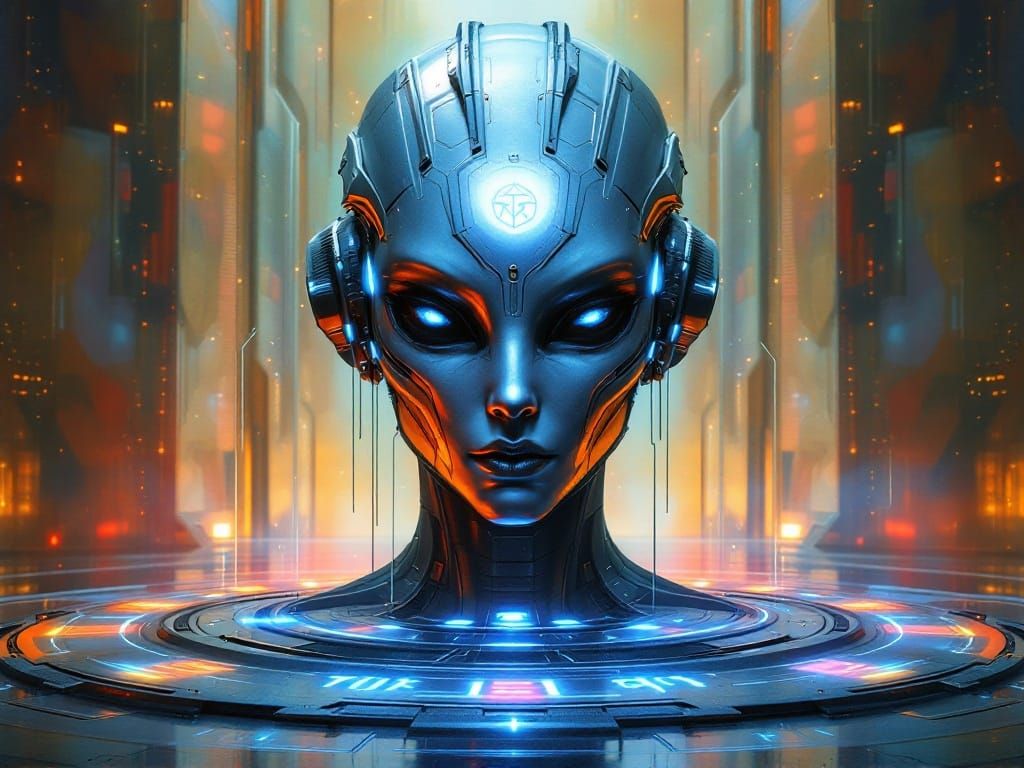 An alien face sculpture with metallic ridges and glowing blue circuits ...