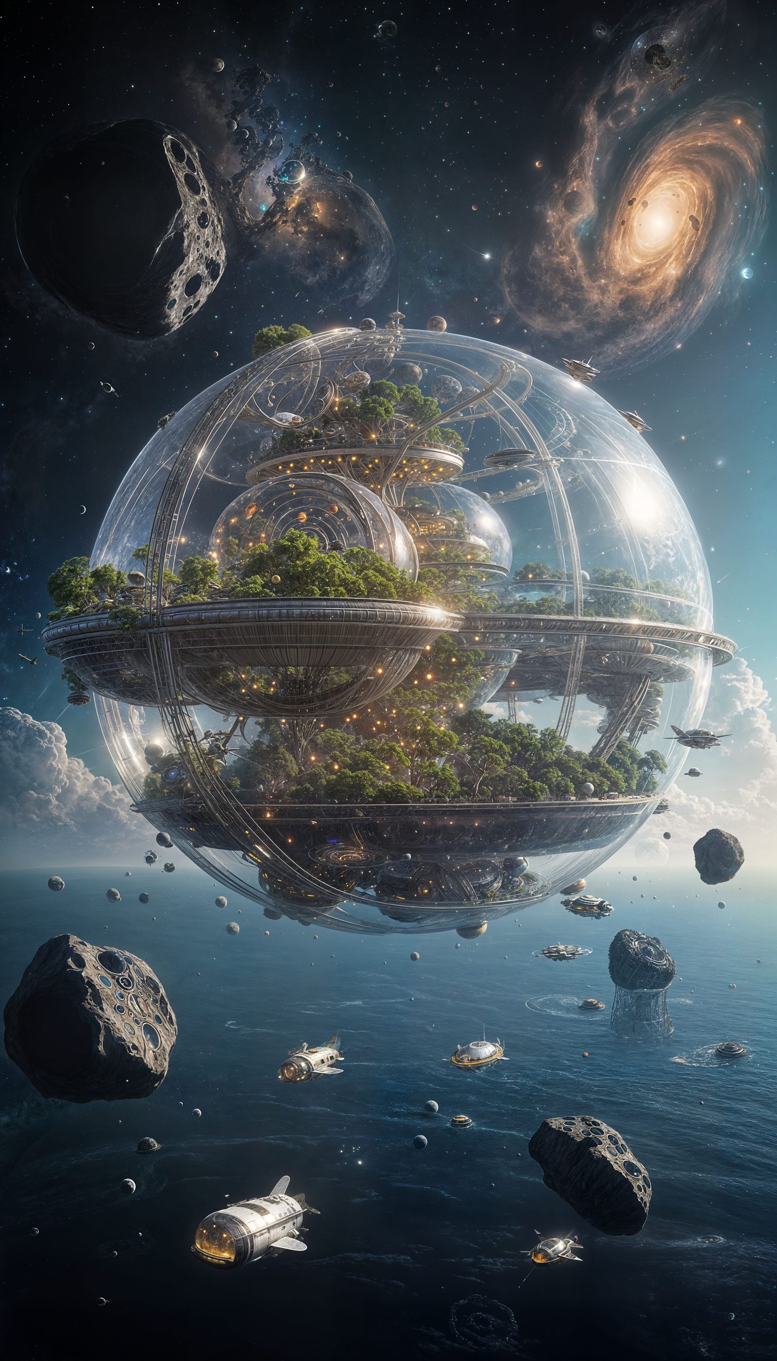 A moon-sized modular transparent curvaceous solarpunk spherical spiral ...