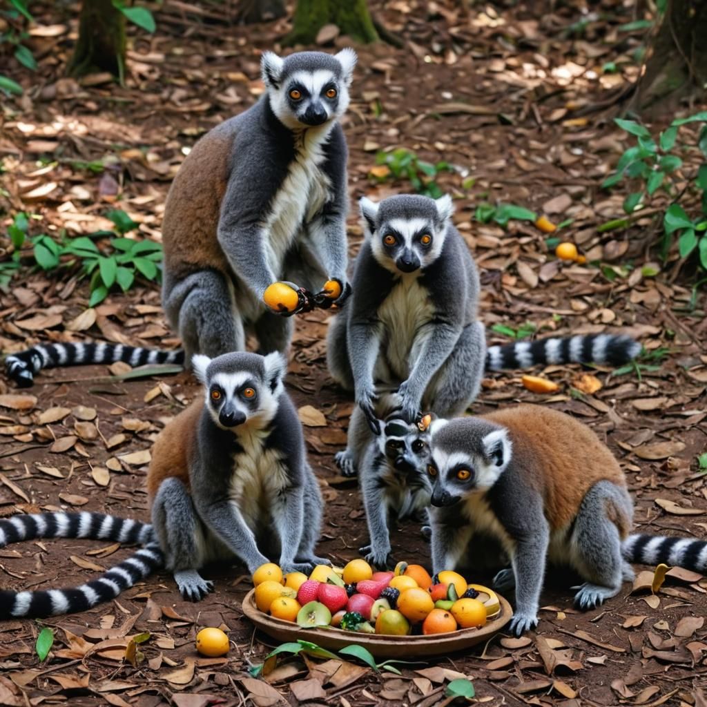 Cute Family of Lemur Family Eating vivid multi colored fruit in dense ...