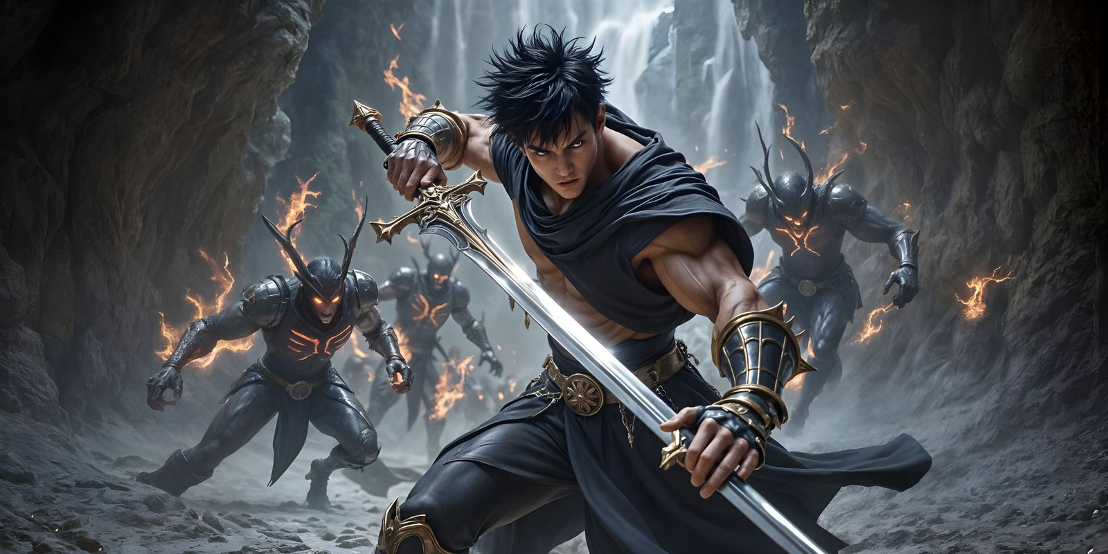 Demon Hunter - Armored Swordsman Fighting Demons by Waterfal...