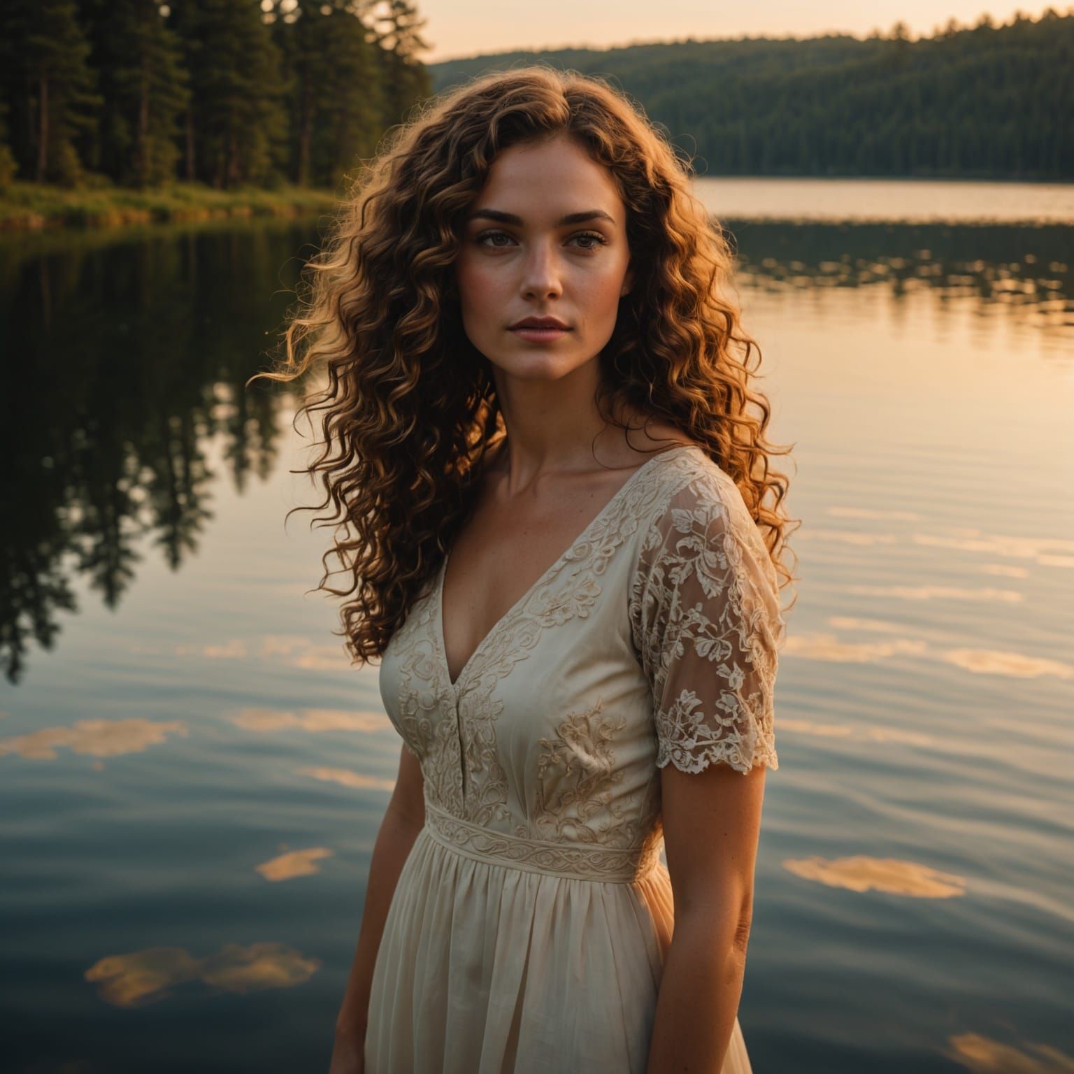 Woman at Sunset Lake with Cascading Curls - AI Art