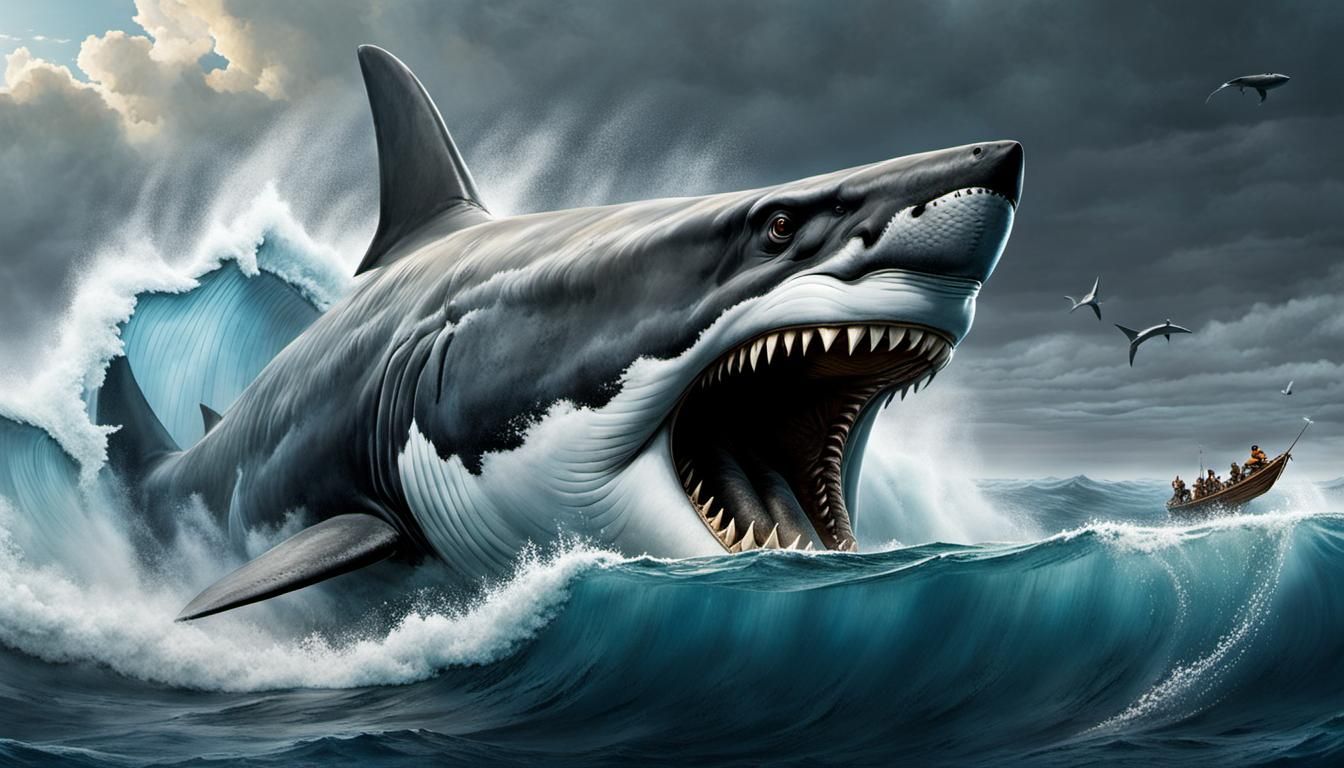 a colossal megalodon, ancient and mighty, rises from the depths of the ocean to engulf a small ...