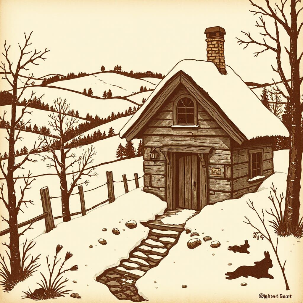 Quaint Snow-Covered Cottage in Earthy Linocut Styl... - AI Art