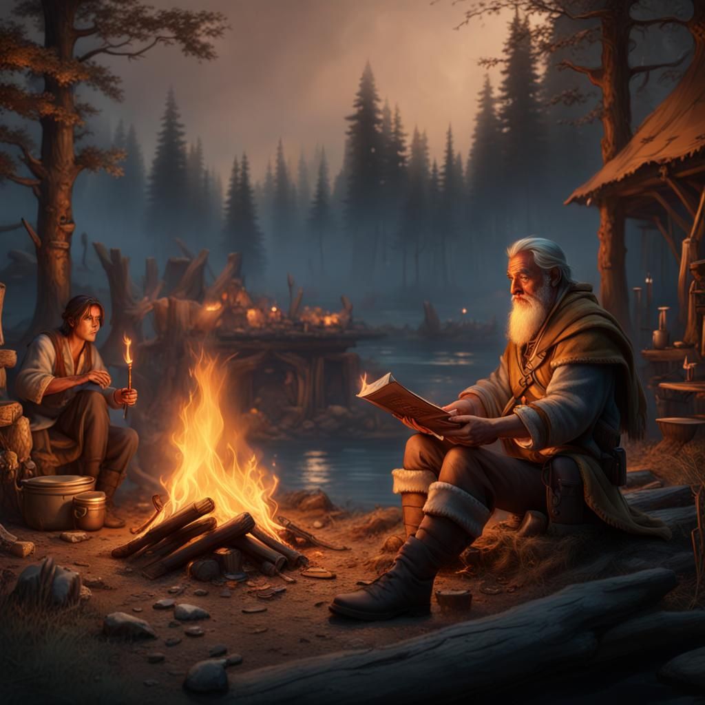 Eldon, seated by a campfire, regaling Lyra with tales of Terrapin ...