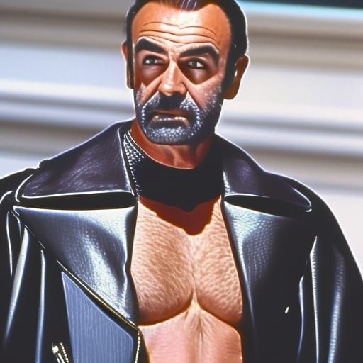 1990 screengrab of male model Sean Connery wearing a black leather ...