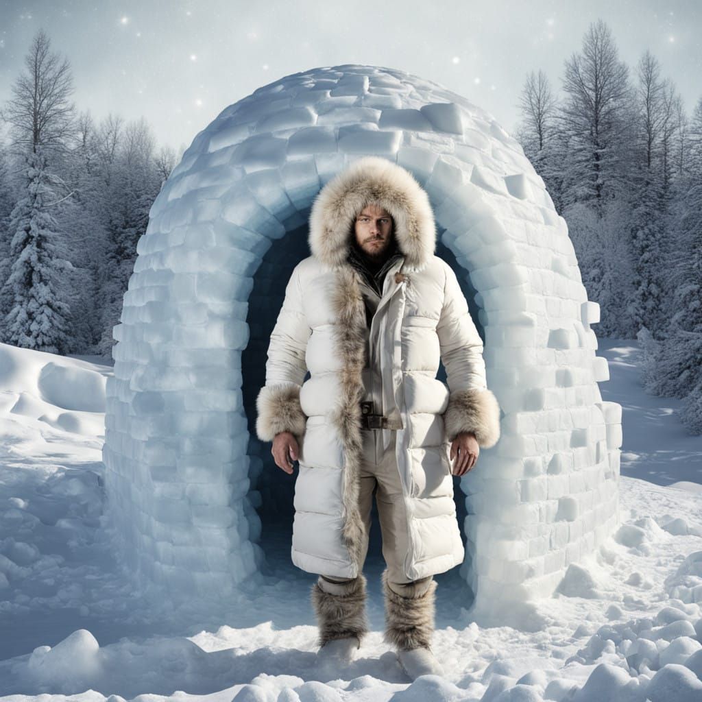 Eskimo full body with double exposure of igloo scene on him.
