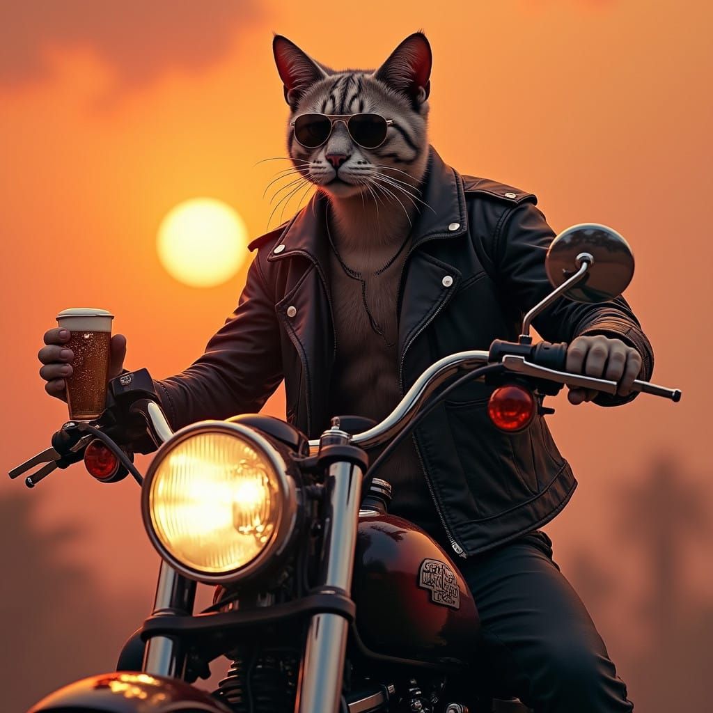 Fierce Feline Cruises Sunset Roads on Vintage Harl... - AI Art