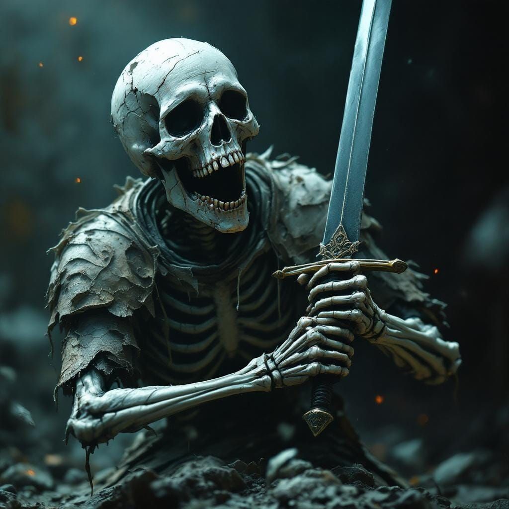 Melting Skeleton Grips Sword in Agony - AI Art