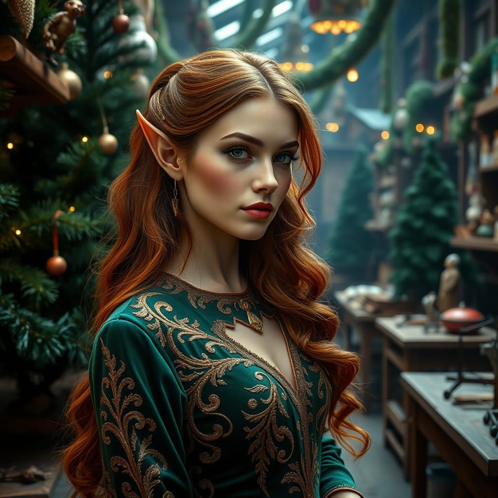 Beautiful female elf in santas workshop,