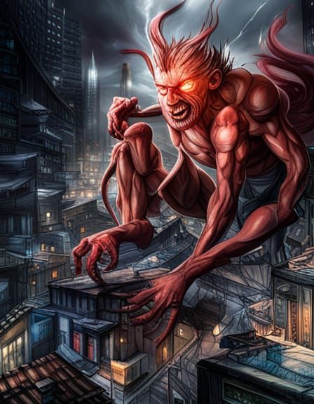 mutant human-anatomy monster destroying city, anime art style, ultra ...