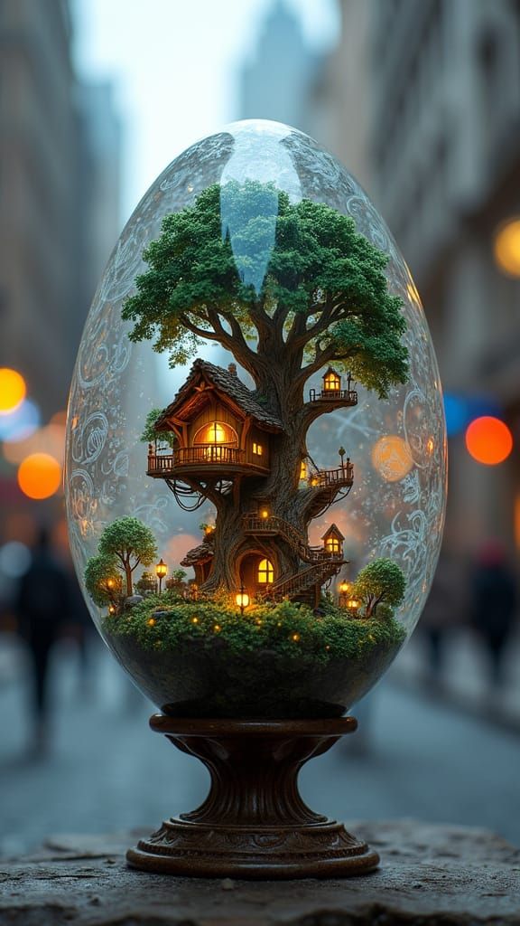 Crystal Sanctuary: Inside an intricately etched crystal egg rests a ...