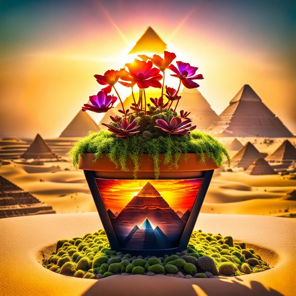 Abstract flower pot with flowers in the middle of a dessert - AI ...