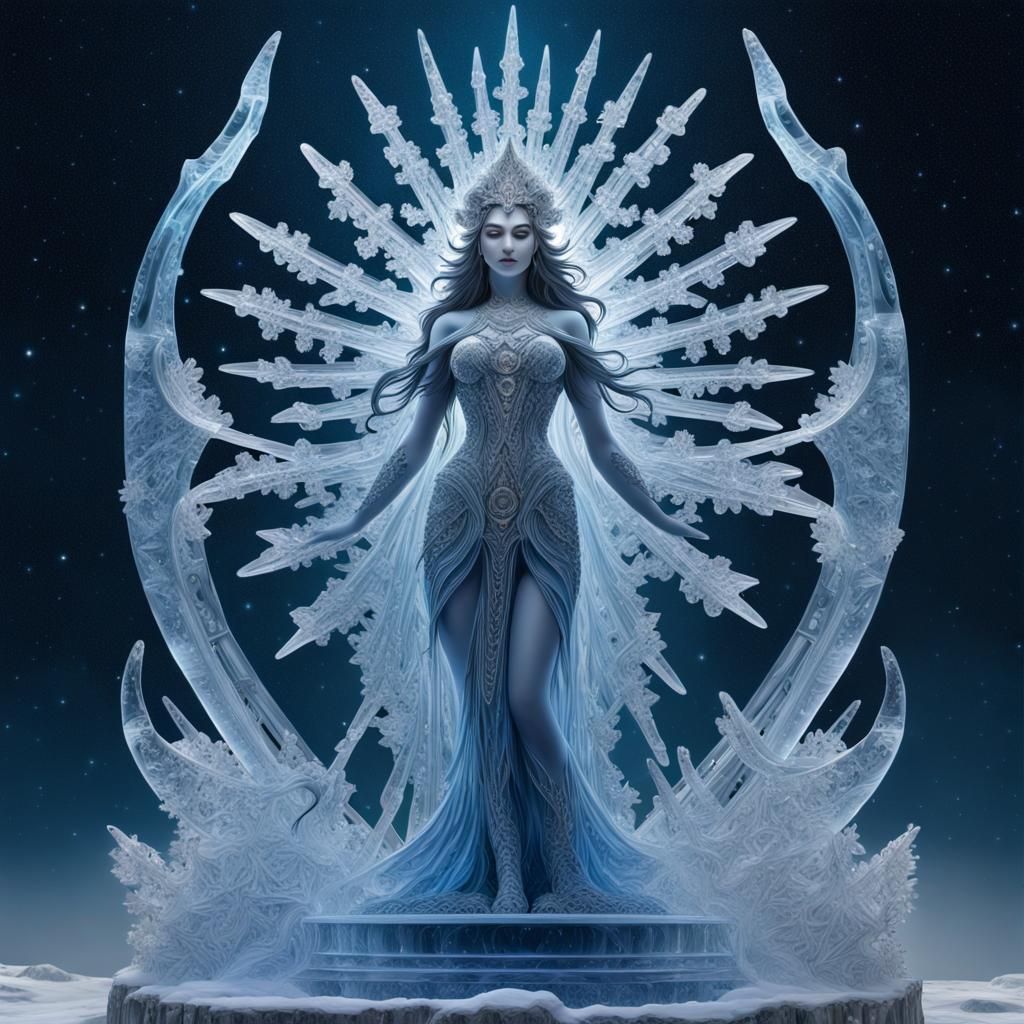 An intricate HUGE beautiful starry ICE SCULPTURE of a goddess, made of fractal transparent-blue ...