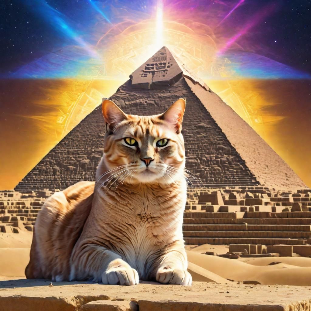 A very beautiful and large cat in front of the Egyptian pyramids 8k ...