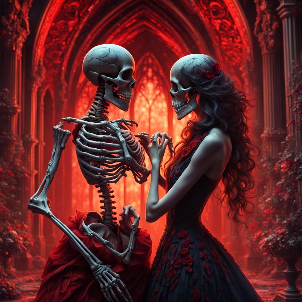 skeleton beautiful couple lovers dancing, red gothic elements ,highly ...