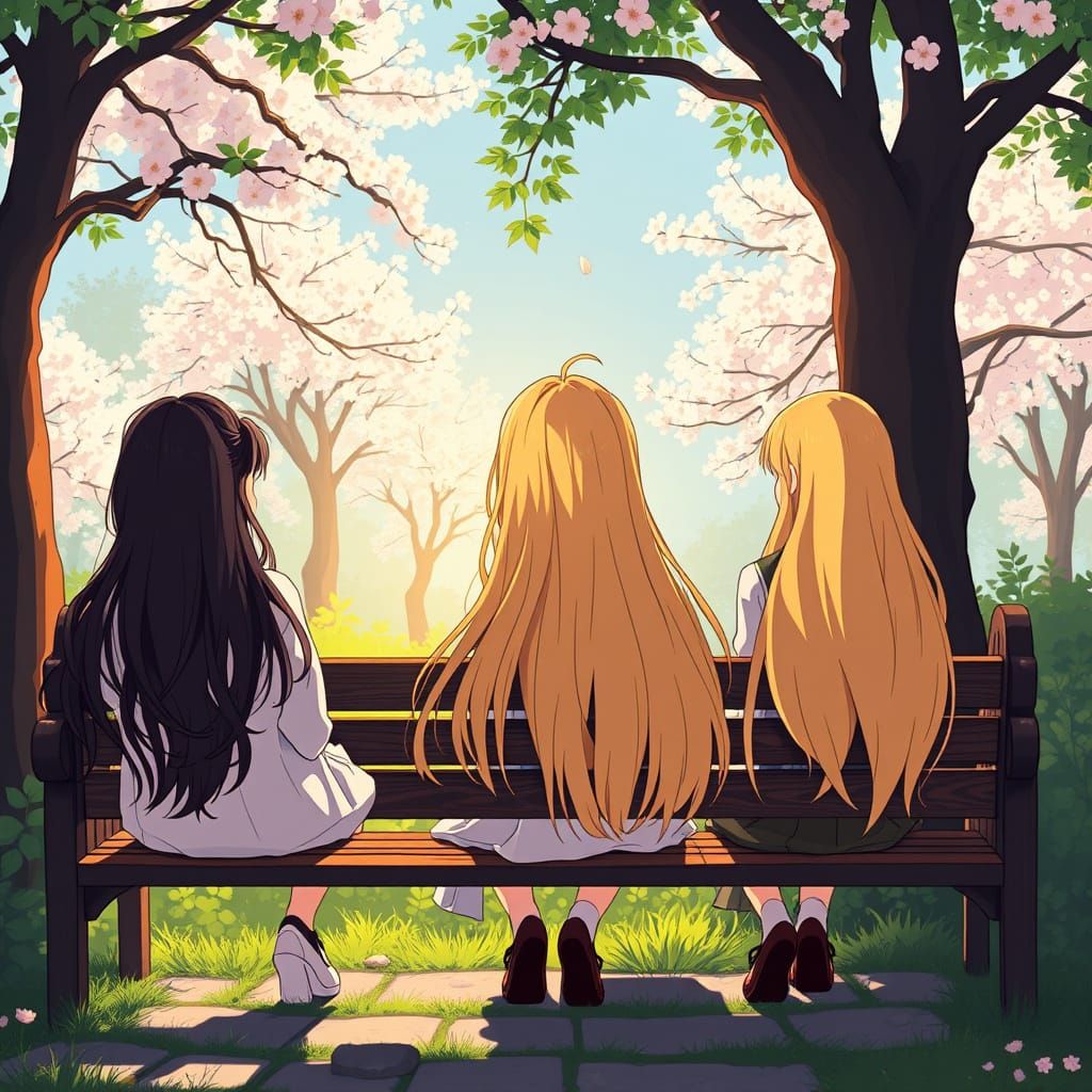 Girls on a Bench Amidst Blossom Trees in a Charmin... - AI Art