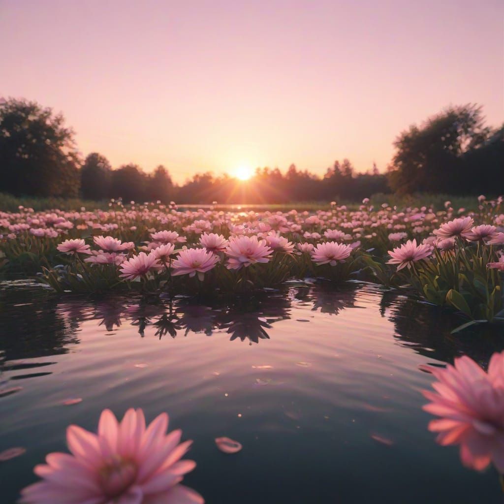 Vaporwave Sunset Reflecting Pale Pink Flowers - AI Art