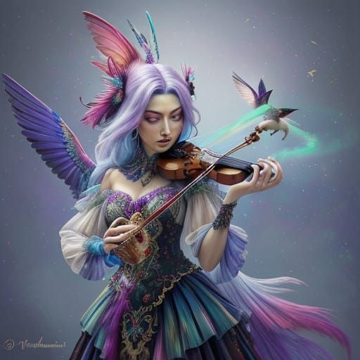 Ultimate oil painting of An anthropomorphized iridescent hummingbird ...