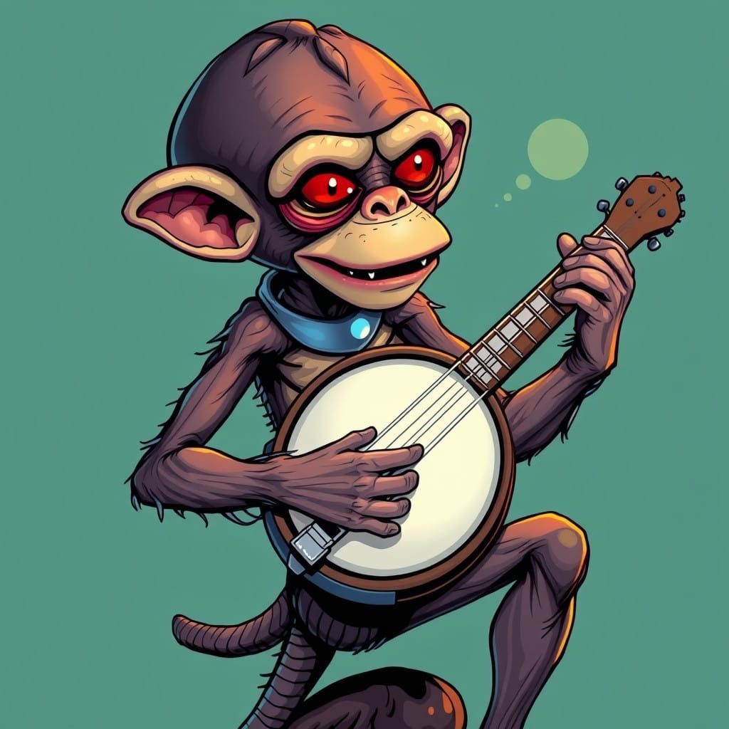 Cartoon Alien Monkey Playing Banjo - Playful Alien Monkey Ro...