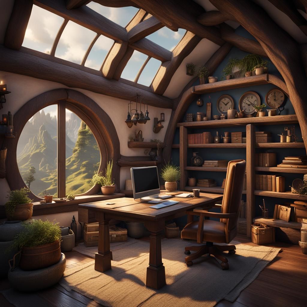 Minimalistic hobbit house interior with a home office and computer - AI ...