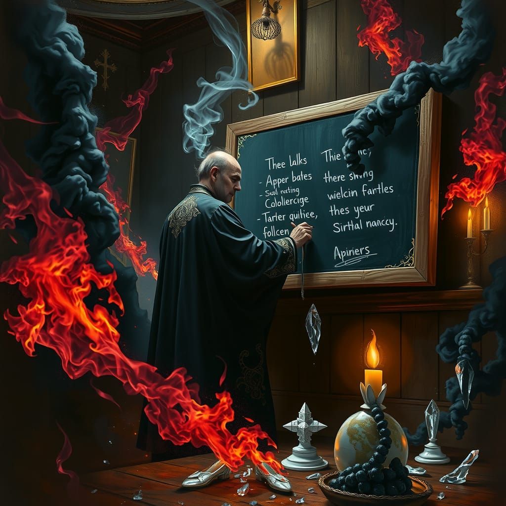 Man in robes madly writing notes on a chalkboard as smoke like energies ...