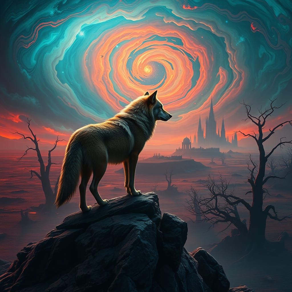 Wasteland Wolf - Majestic Wolf Stands Vigilant in a Barren,...