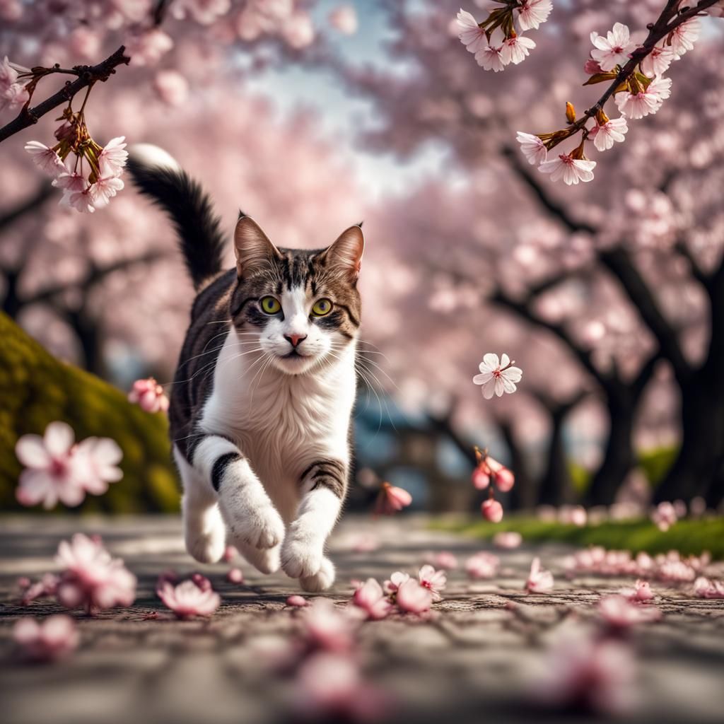 A cat chasing after petals of cherry blossom. - AI Generated Artwork ...