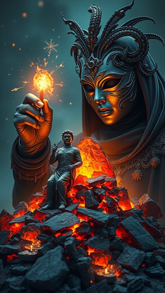 A beautifully masked person uses a magic wand. The wand is pointing a ...