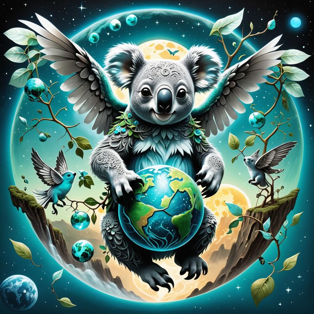 A flying koala embracing the Earth with love