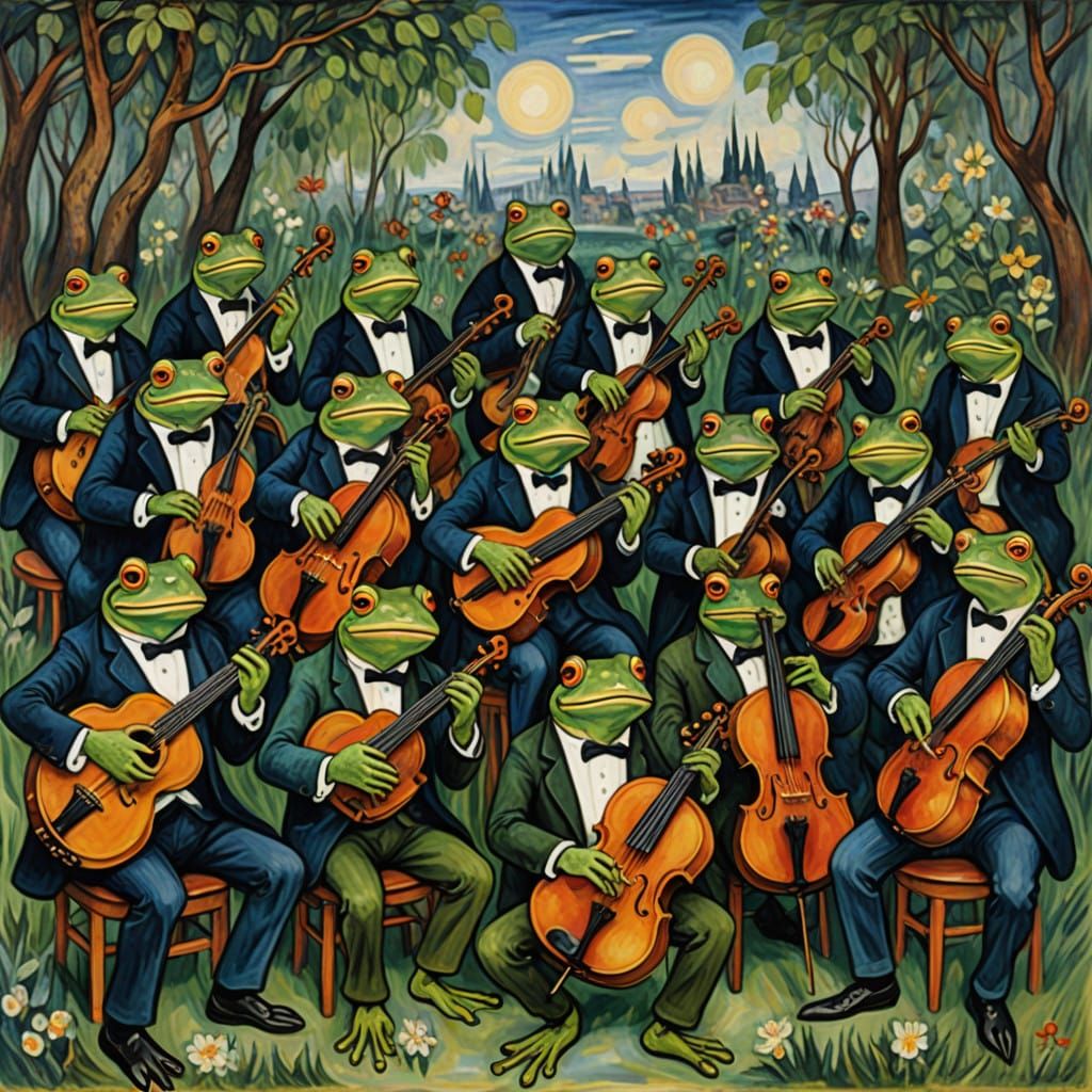 Surrealist Frog Orchestra in an Impressionist Styl... - AI Art