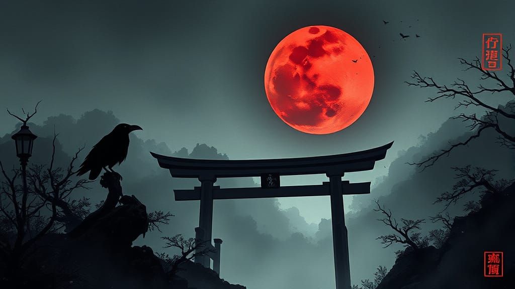 Dark Japanese yokai raven, traditional sumi-e meets gothic horror