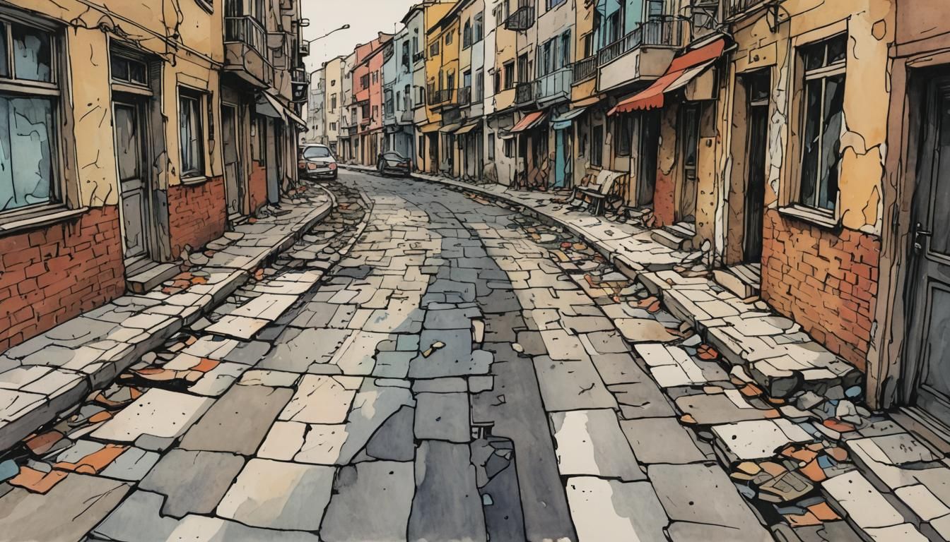 (Broken streets where shadows weep:1.5) colored drawing ink sketch by ...