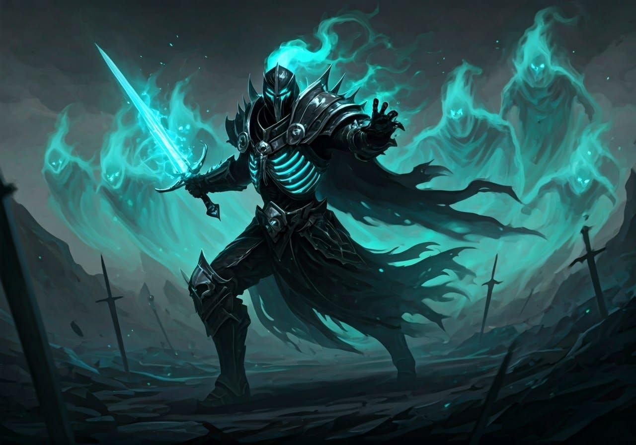Warrior Lich Unleashes Ghost Army in Turquoise Smo... - AI Art