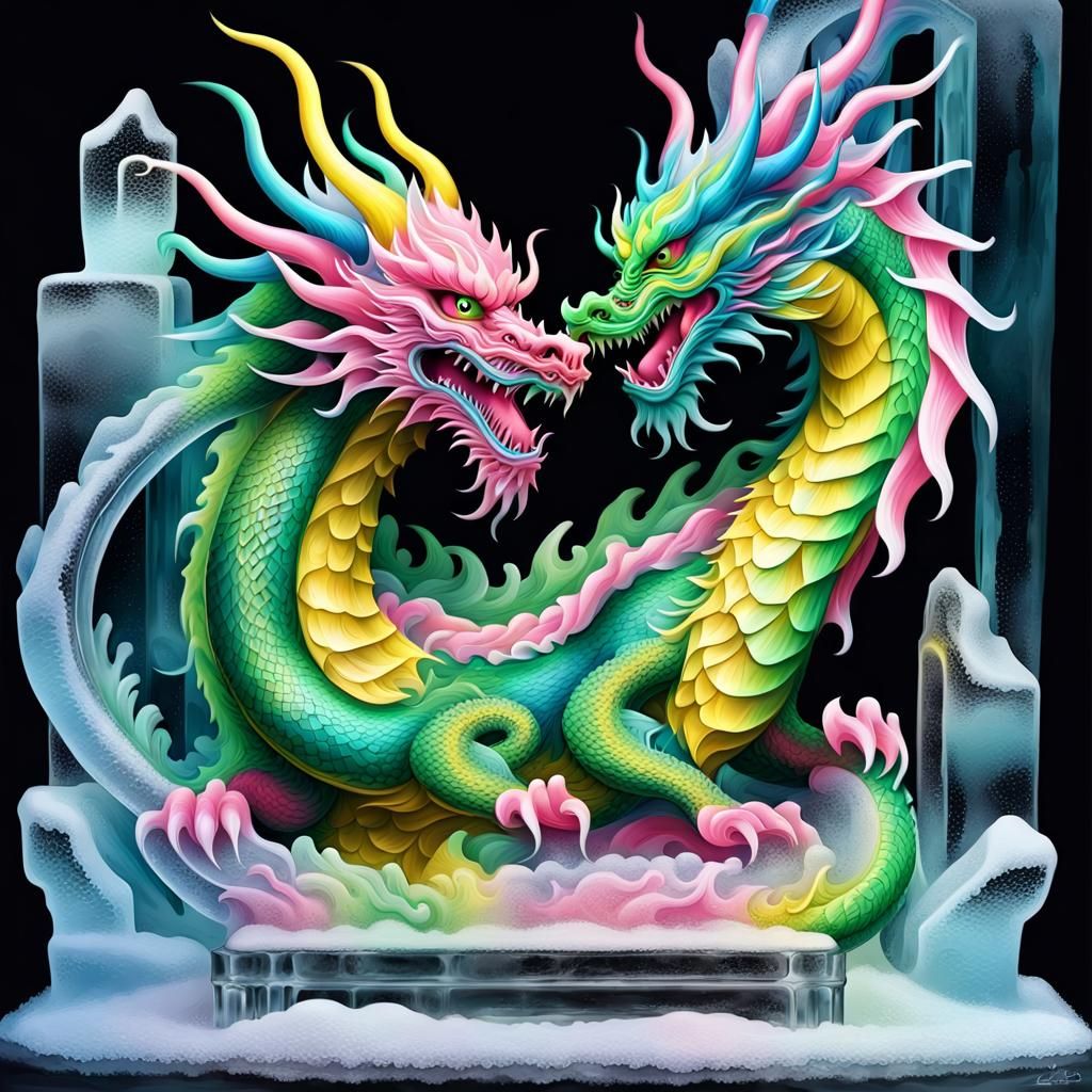 “Airbrush illustration of chinese colored dragon in ice sculptures ...