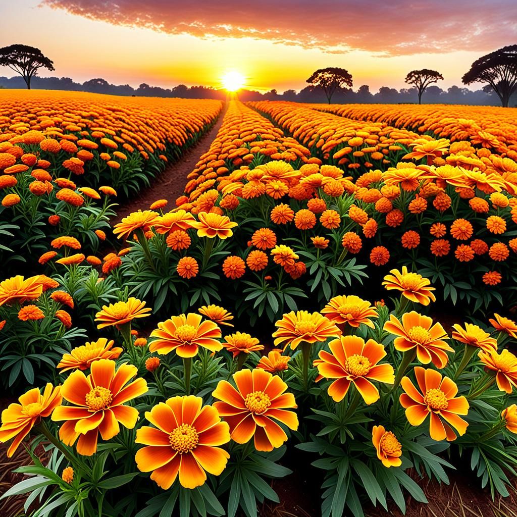 Field of African marigolds and a beautiful sunset - AI Generated ...