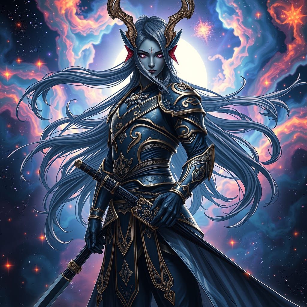 Majestic Drow Elf Samurai in Vibrant Nebula - AI Art